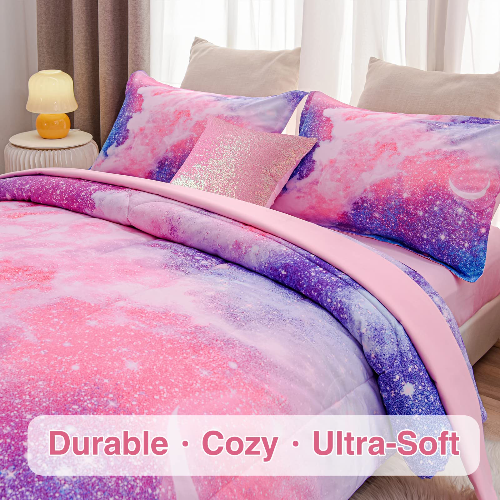 A Nice Night Galaxy Bedding Sets Outer Space Comforter 3D Printed Space Quilt Set Full 6Pcs Glitter Pink,for Children Boy Girl Teen Kids