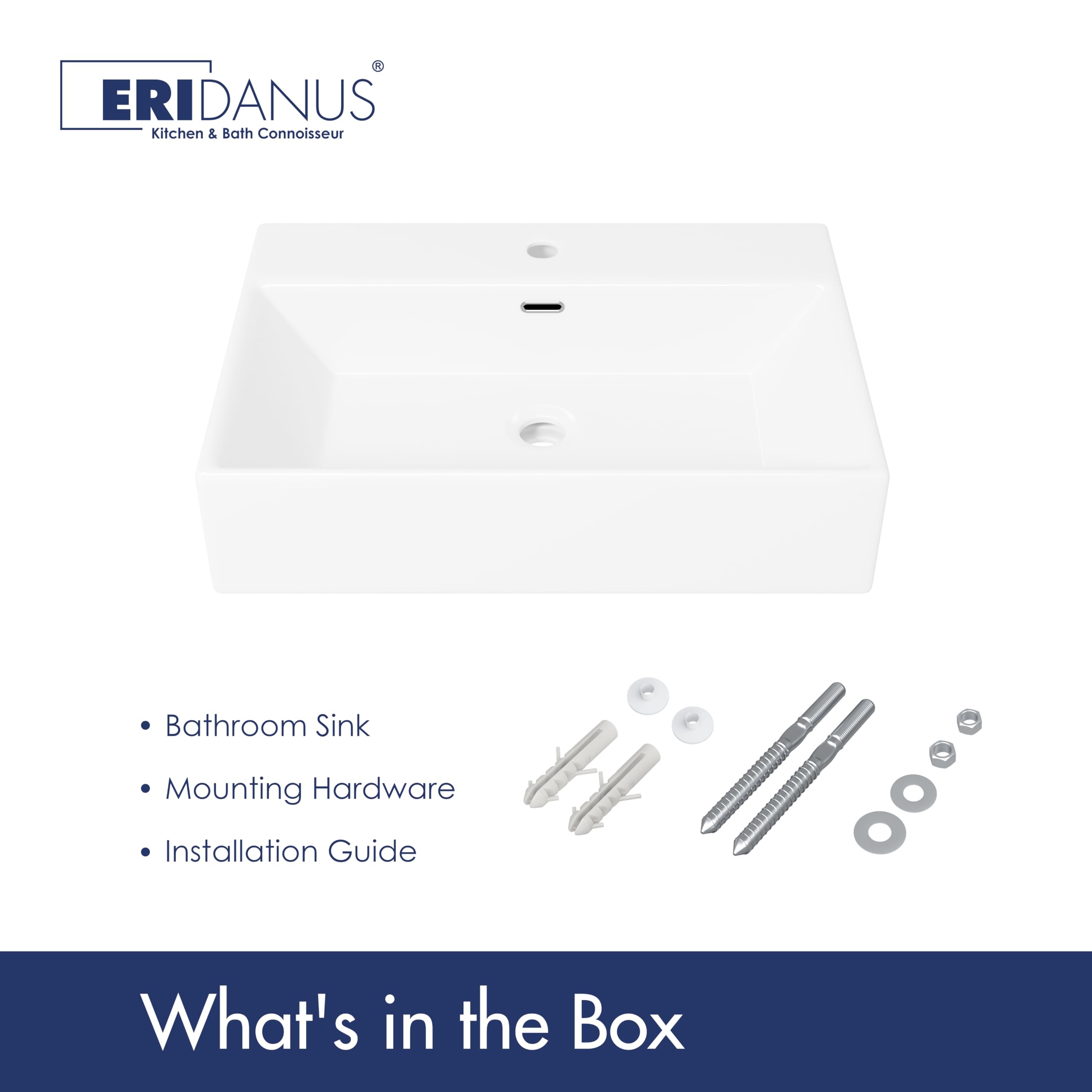 24" x 16" Bathroom Sink Vessel Rectangle, Eridanus Hang Wall Mount Sinks Countertop Vanity Floating Trough Washbasin, Ceramic Porcelain Modern White Art Basin Bowl with Overflow