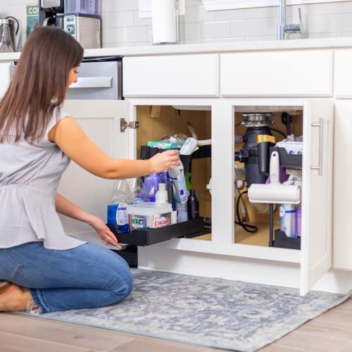 2 Sets of 2 -Tier Multi-Purpose Under Sink Organizer and Storage, Adjustable Height Pull Out Under Sink Kitchen Bathroom Cabinet with 8 Hooks and 2 Hanging Cup, Kitchen Sink Splash Guard