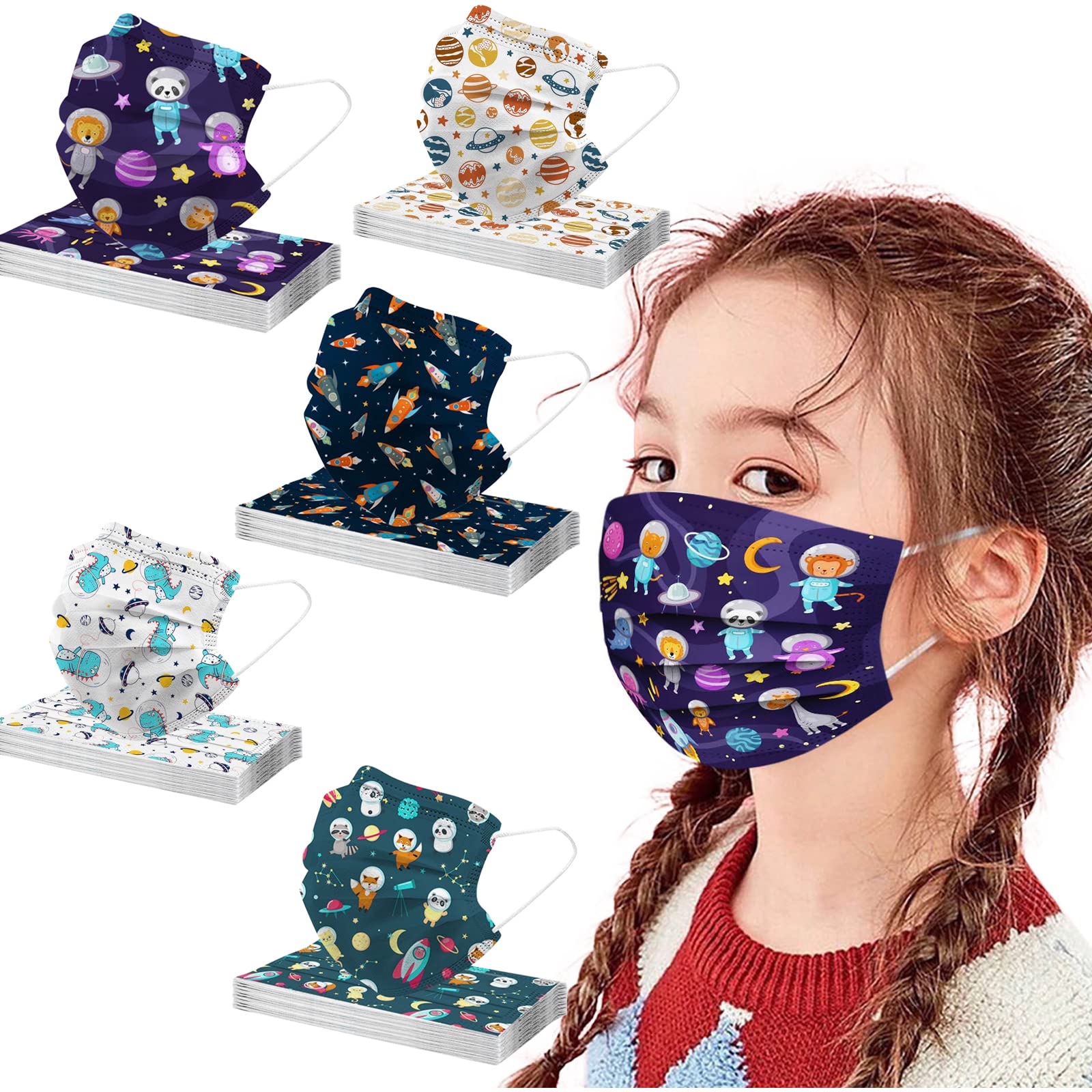 50PCS Disposable FaceMásks for Kids with Cartoon Designs, 3-Ply Breathable Protection Cute Printed for Children School (MultiColor_Kid Size-2)