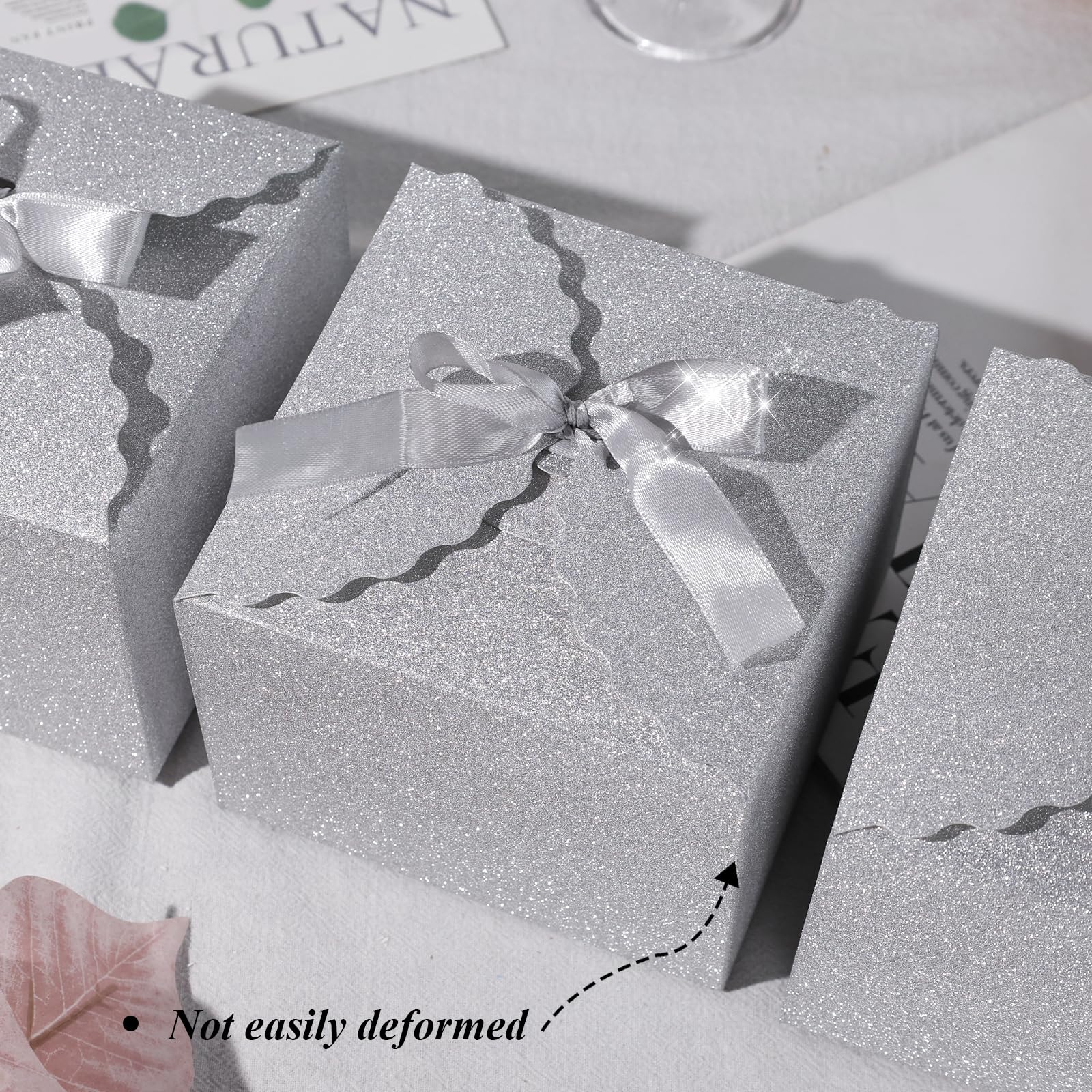 HONEYGIFTS Sliver Gift Boxes, Paper Treat Boxes Glitter Candy Box with Ribbon for Wedding Cookie Chocolates Small Gifts