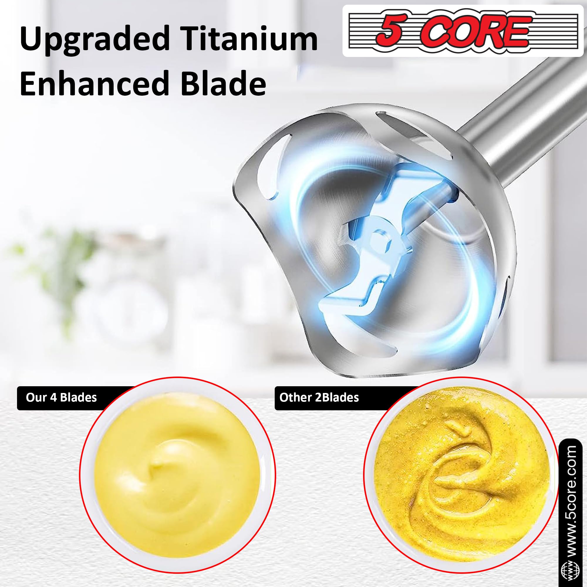 5 Core Immersion Blender Handheld Electric Whisk Hand Blender 8-Speed 500W Hand Held Stick Blender with Food Grade Stainless Steel Blades for Perfect for Smoothies Puree Baby Food Soup