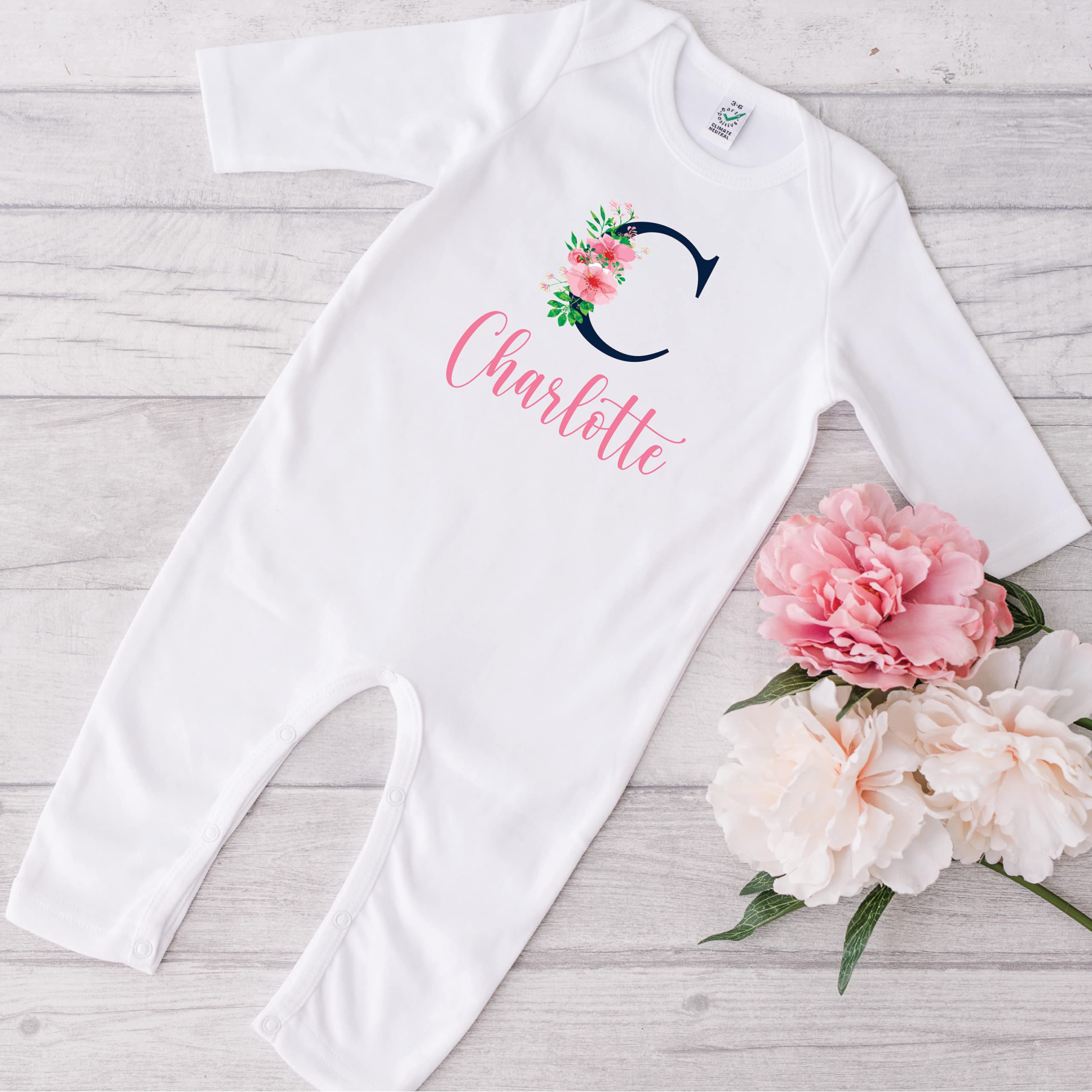 Personalized Pink & Black Floral Initial Sleeper | Any Name or Text | Multiple Preemie - 6-12 Months | Baby Shower | Pink | Baby Girl Outfit | Personalized Romper