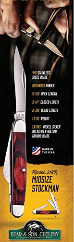 Bear & Son 218R Rosewood Three-Blade Midsize Stockman Slip Joint Knife, 3 1/4-Inch