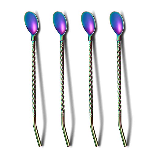 HOMQUEN Rainbow Iced Tea Spoon with Straw Handle for Drinking, 4 Pieces 8.7" Stainless Steel Titanium Rainbow Plating Long Handle Bar Spoon Silverware for Mixing and Stirring