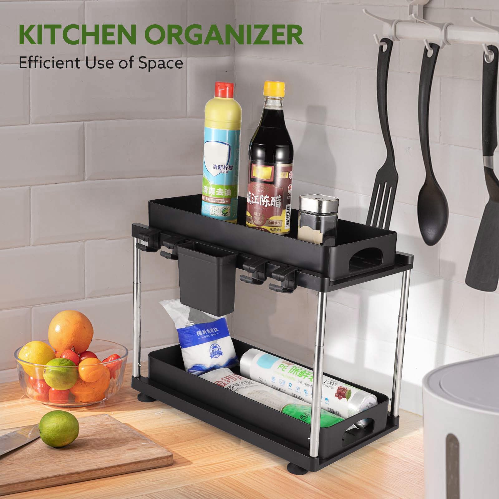 2 Pack Under Sink Organizers and Storage, 2 Tier Double Sliding Bathroom Organizers and Storage with Dividers,Hooks Under Sliding Cabinet Organizer Kitchen Sink Organizer for Kitchen Bathroom