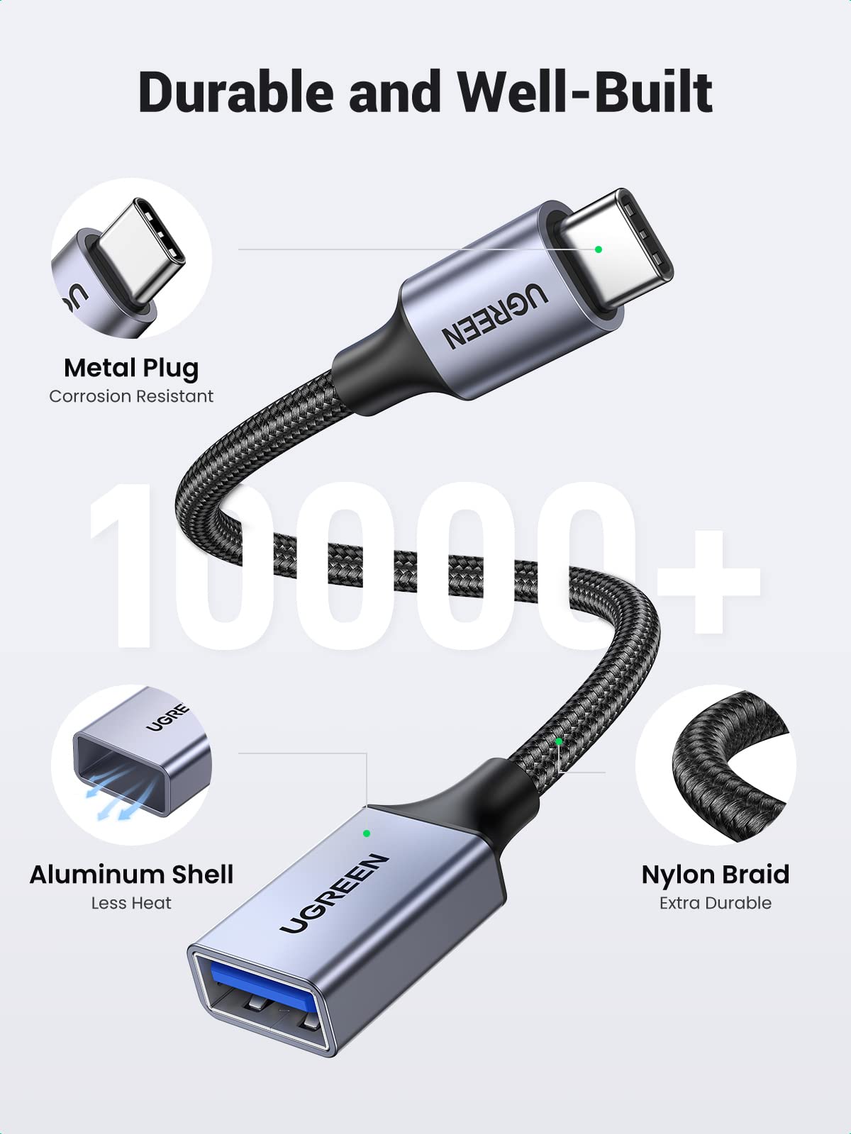 UGREEN USB C to USB A 3.2 Adapter,USB C Male to USB Female Adapter Nylon Braid,Type C OTG Cable Compatible with iPhone 16 15 Pro, Samsung S23 Ultra, MacBook Pro 2022, MacBook Air/Mini,iPad