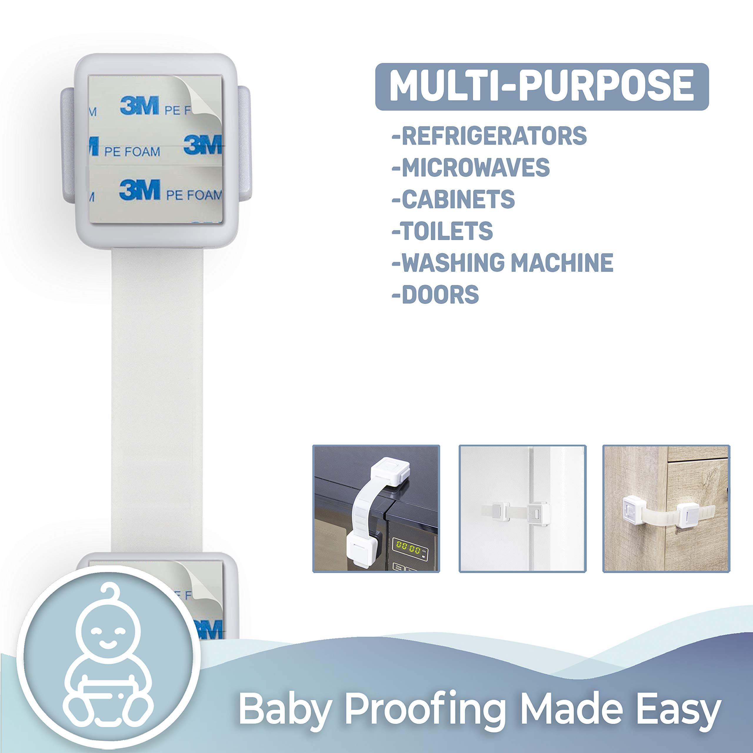 Budding Sprout Durable Strong Safety Strap Lock 6-Set for Baby Safety - for Cabinet, Drawer, Fridge, Toilet, and Furniture - 3M Adhesive Easy Install No Tools Needed