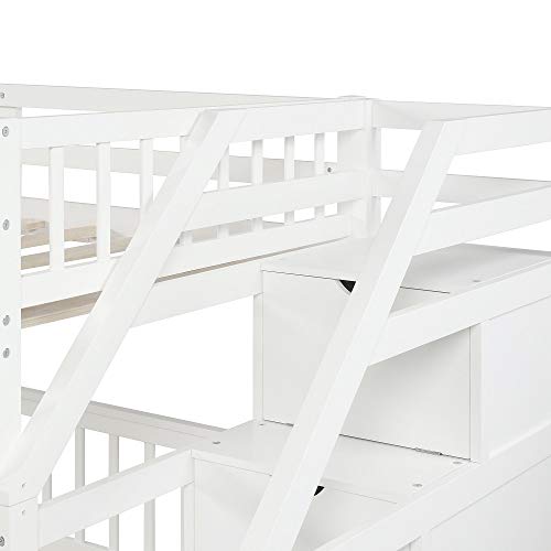 Harper & Bright Designs Twin Over Full Loft Beds, Bunk Beds Twin Over Full with Stairway and Storage, Full-Length Guardrail, No Box Spring Needed (White Twin Over Full Bun Beds)