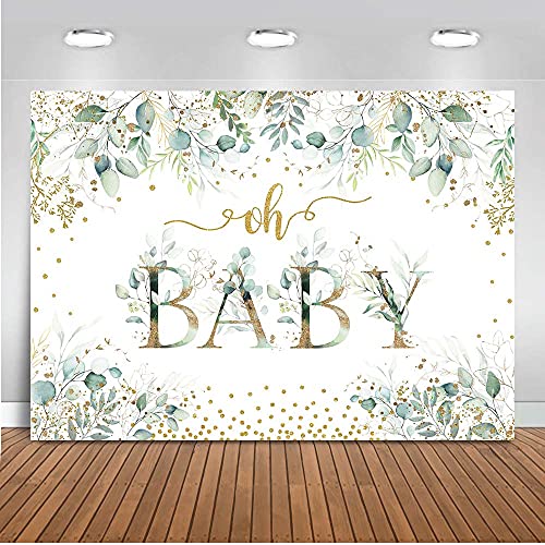 Mocsicka Greenery Baby Shower Backdrop Oh Baby Green Eucalyptus Leaves Baby in Bloom Party Decorations Gold Glitter Dots Boy Baby Shower Photography Backdrops (7x5ft)