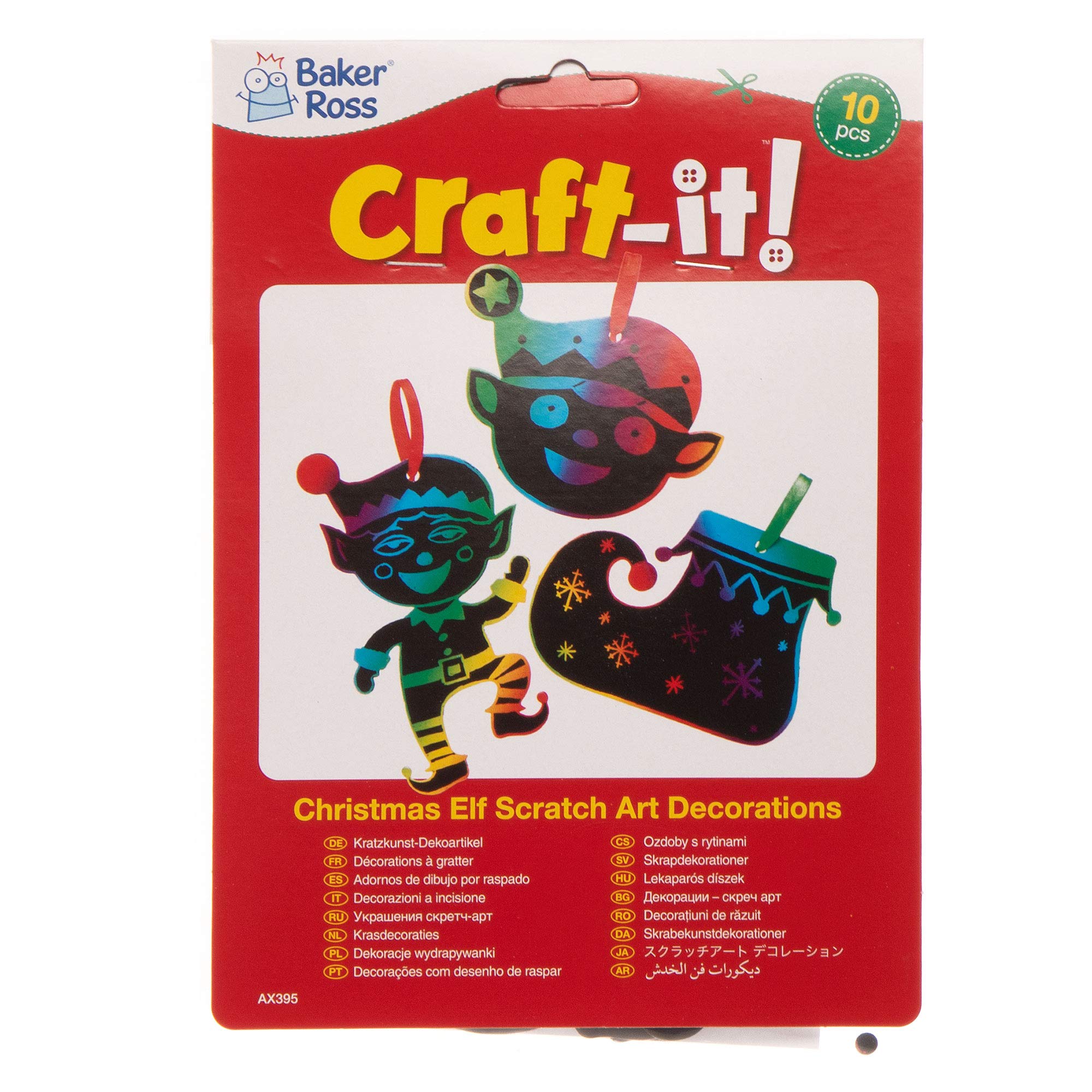 Baker Ross AX395 Christmas Elf Scratch Art - Pack of 10, Magic Scratch Art and Craft Kits for Kids Xmas Eve Activities