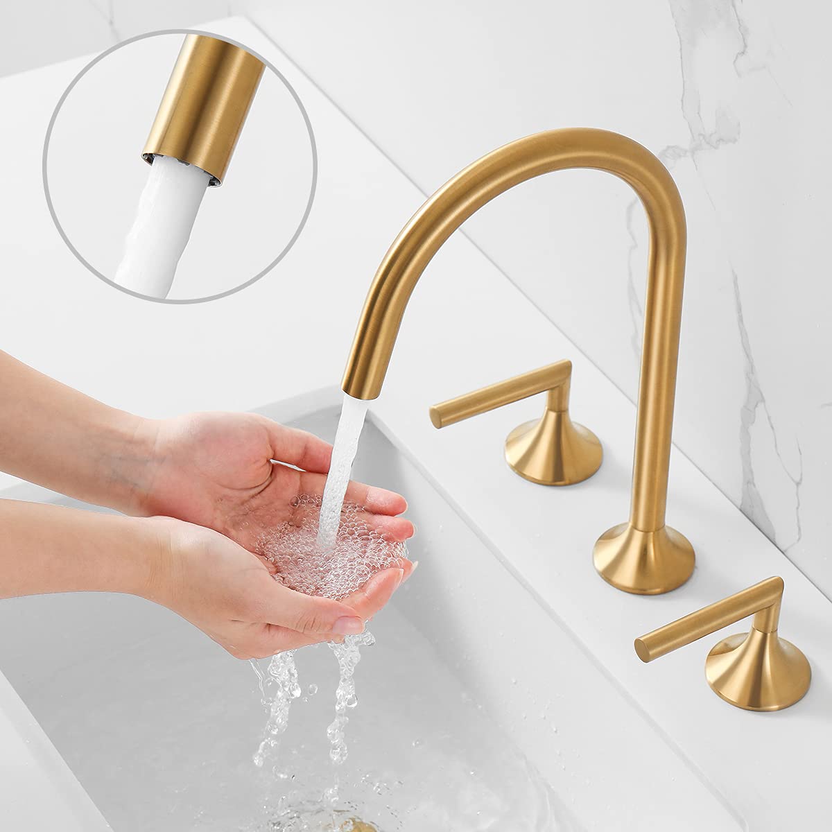 2-Lever Handle 8 Inch Bathroom Sink Faucet with Pop Up Drain Assembly 3 Hole Deck Mounted Come with Water Supply Hoses (Brushed Gold)