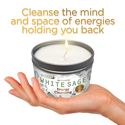 MAGNIFICENT 101 White Sage Smudge Candle for House Energy Cleansing, Banishes Negative Energy I Purification and Chakra Healing - Natural Soy Wax Tin Candle