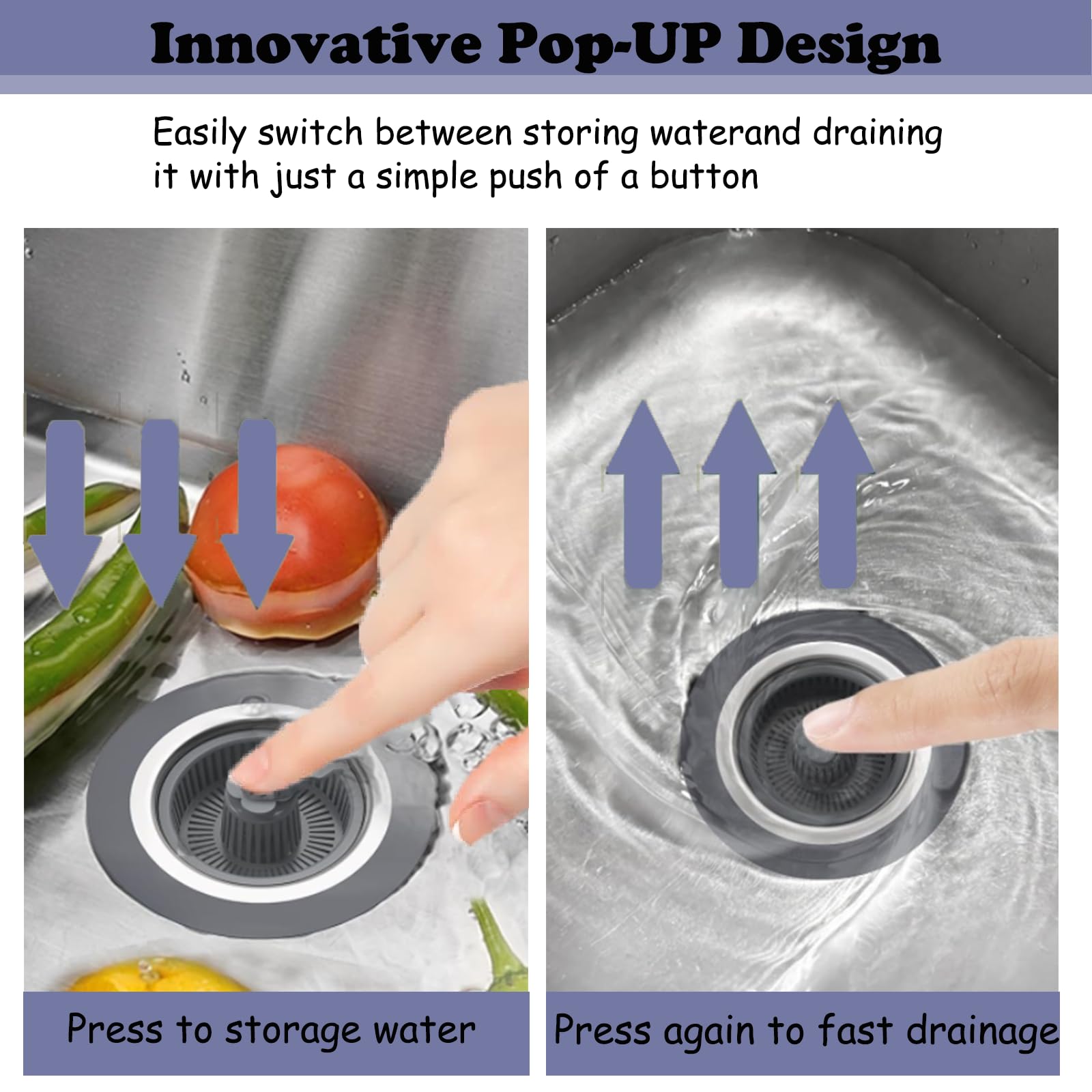 2 Pack Upgraded 3 in 1 Kitchen Sink Drain Strainer, Pop Up Sink Strainer Kitchen Drain Stopper Combo,Anti-Clogging Stainless Steel Sink Strainer Basket Plug & Cover for US Standard 3-1/2 Inch Drain