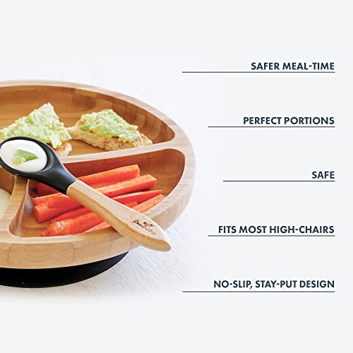 Avanchy Toddler Baby Plates Divided Bamboo, Suction for Babies Kids Toddler Food with Silicone Spoon for Feeding, Green