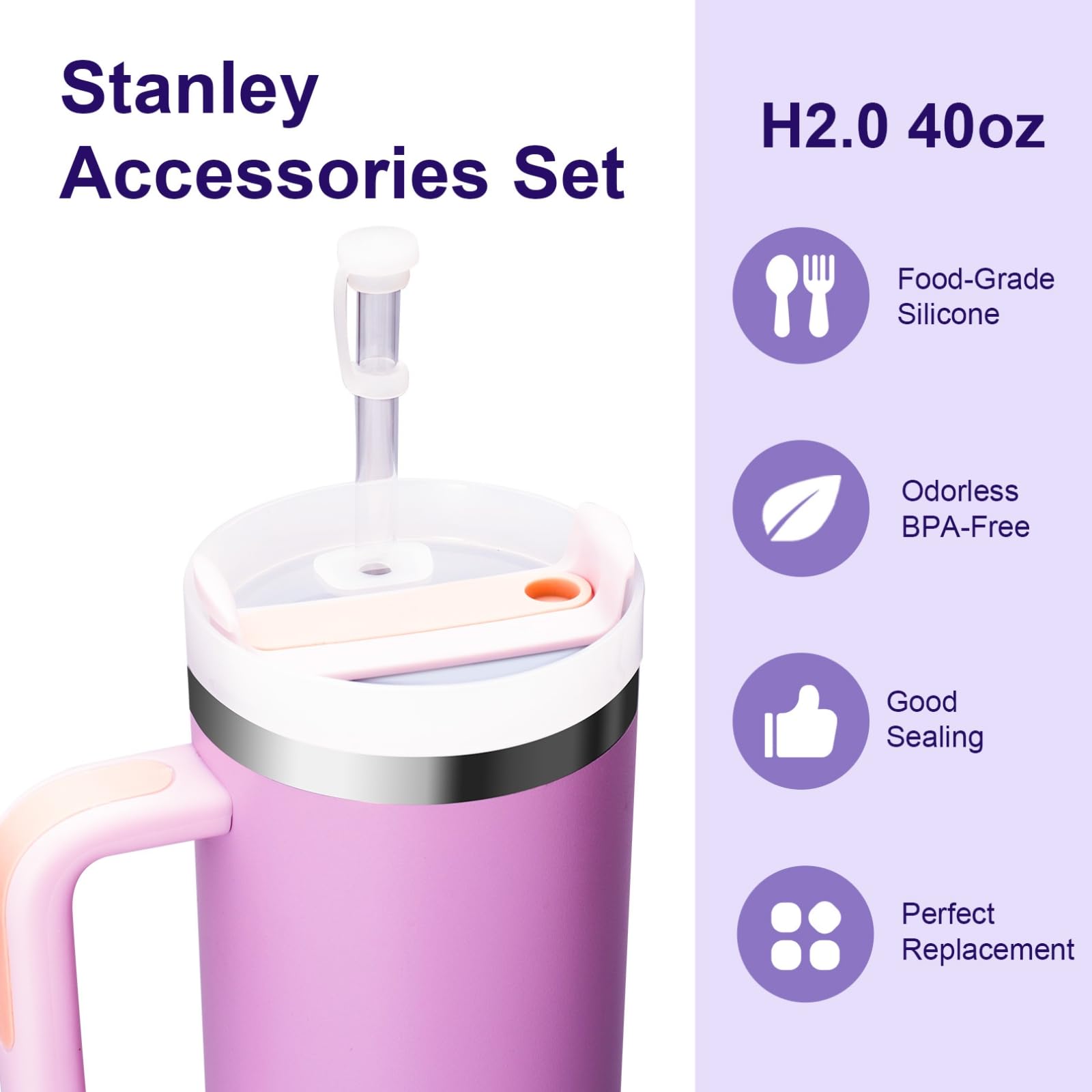 2 Pack Stanley Lid Replacement 40 oz Tumbler with Handle for Stanley Cup 2.0 Version - 6 Pcs Extra Long Reusable Straws & H2.0 Silicone Spill Proof Stopper - Spill Resistant Covers 3 Set (blue)