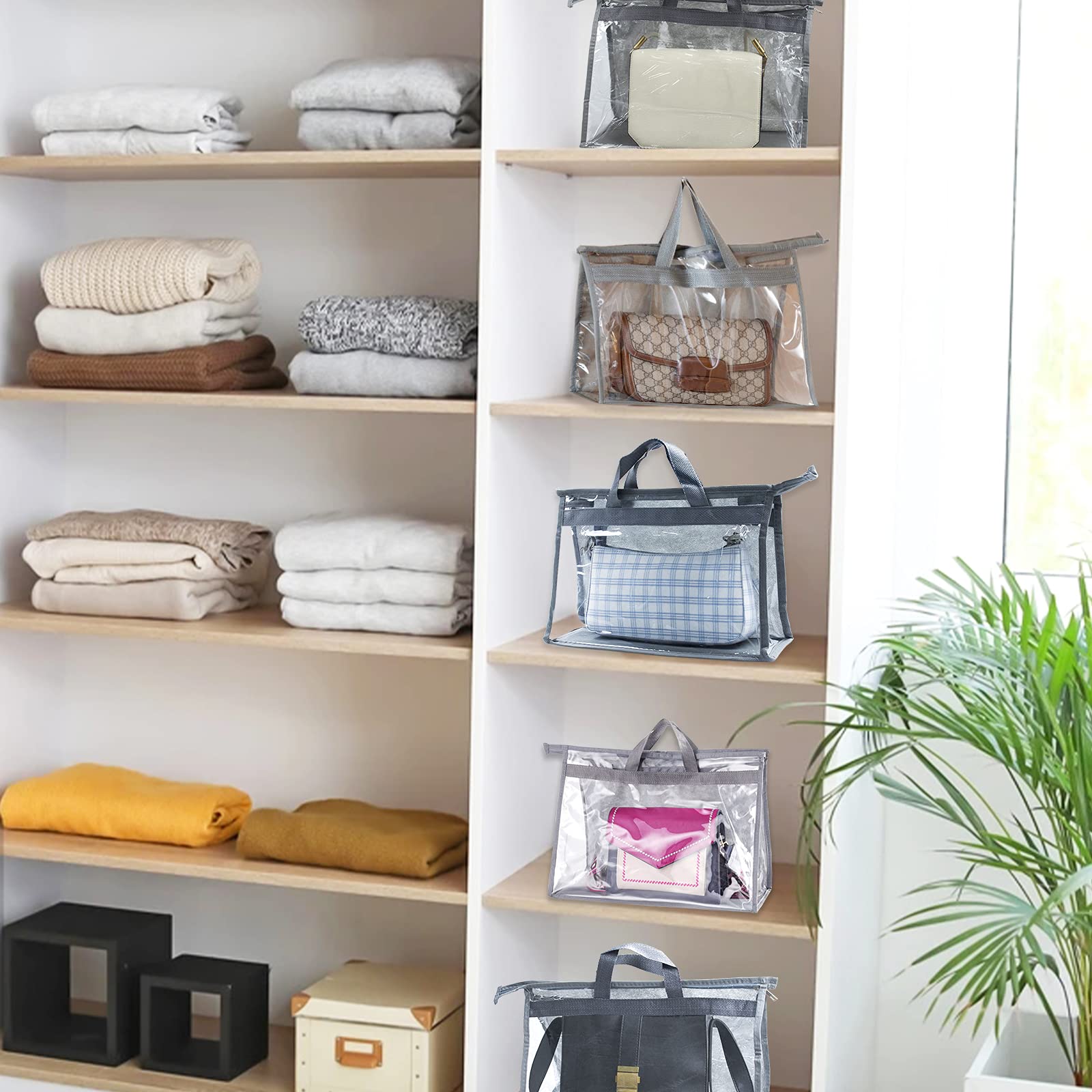9Pcs Clear Handbag Storage Dust Cover Organizer Bags, Transparent Dustproof Purse Protector Storage Bag with Zipper Handles for Closet Shelf-3 Sizes (Grey)
