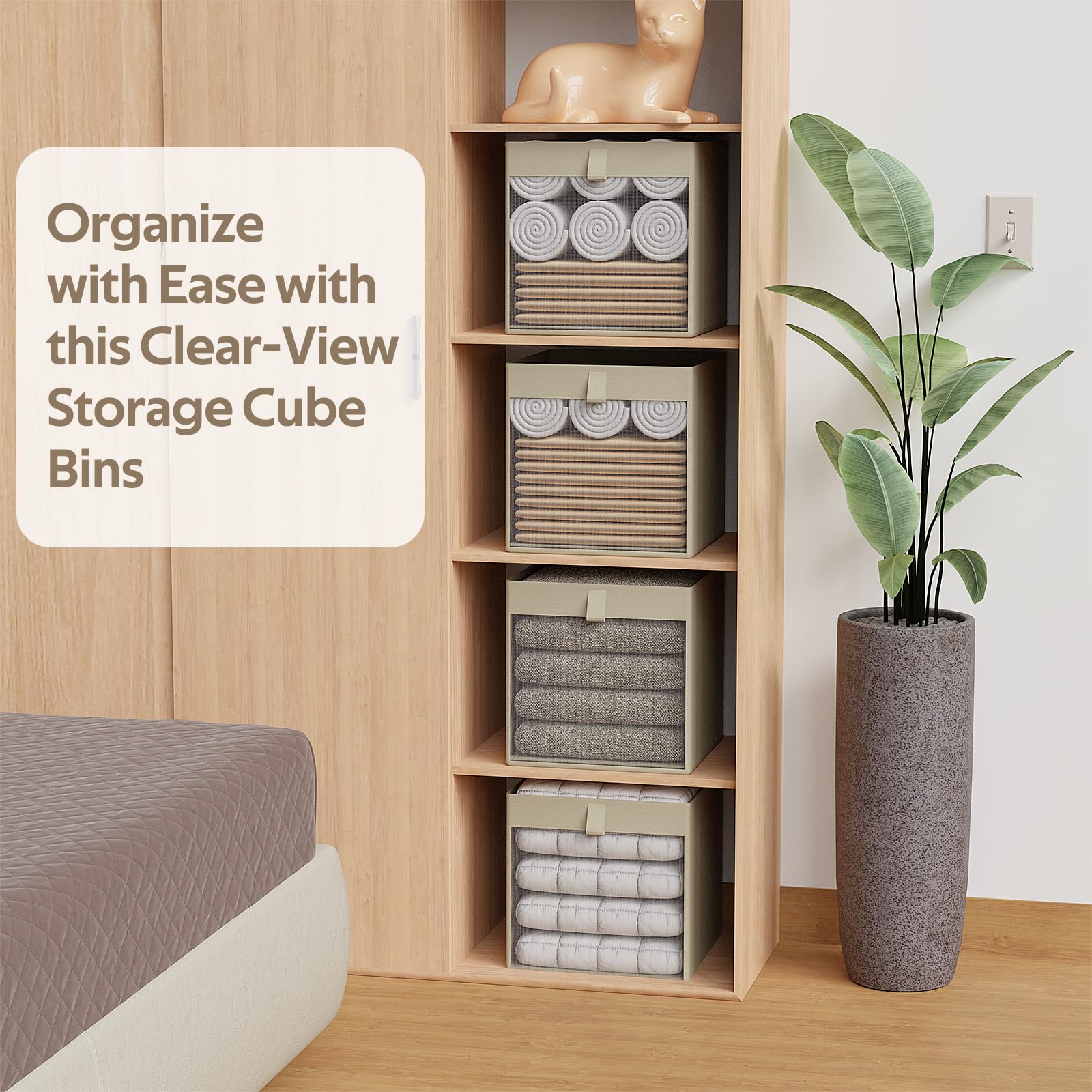 4 Pack 13x13 Storage Cube, Large Cube Storage Bins with Clear Window, Fabric Cube Storage Bins Collapsible Storage Cube Bins for Organizing, Shelves, Toys, Clothes (Beige)