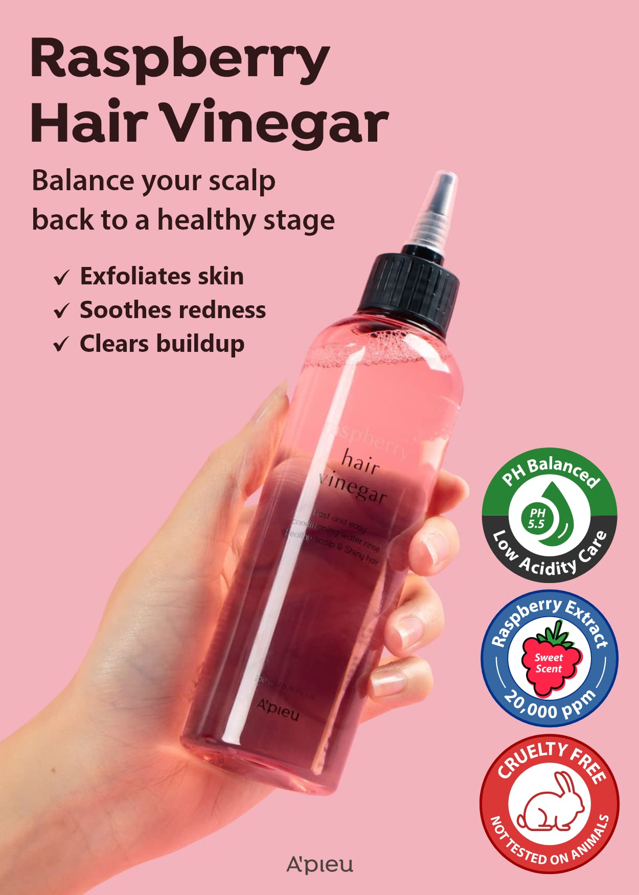 A’PIEU Raspberry Hair Vinegar Rinse 6.76 Fl oz - Scalp Treatment for Balanced pH, Shiny Hair | Korean Hair Care I Clarifies & Encourages Growth | Dandruff & Oil Control