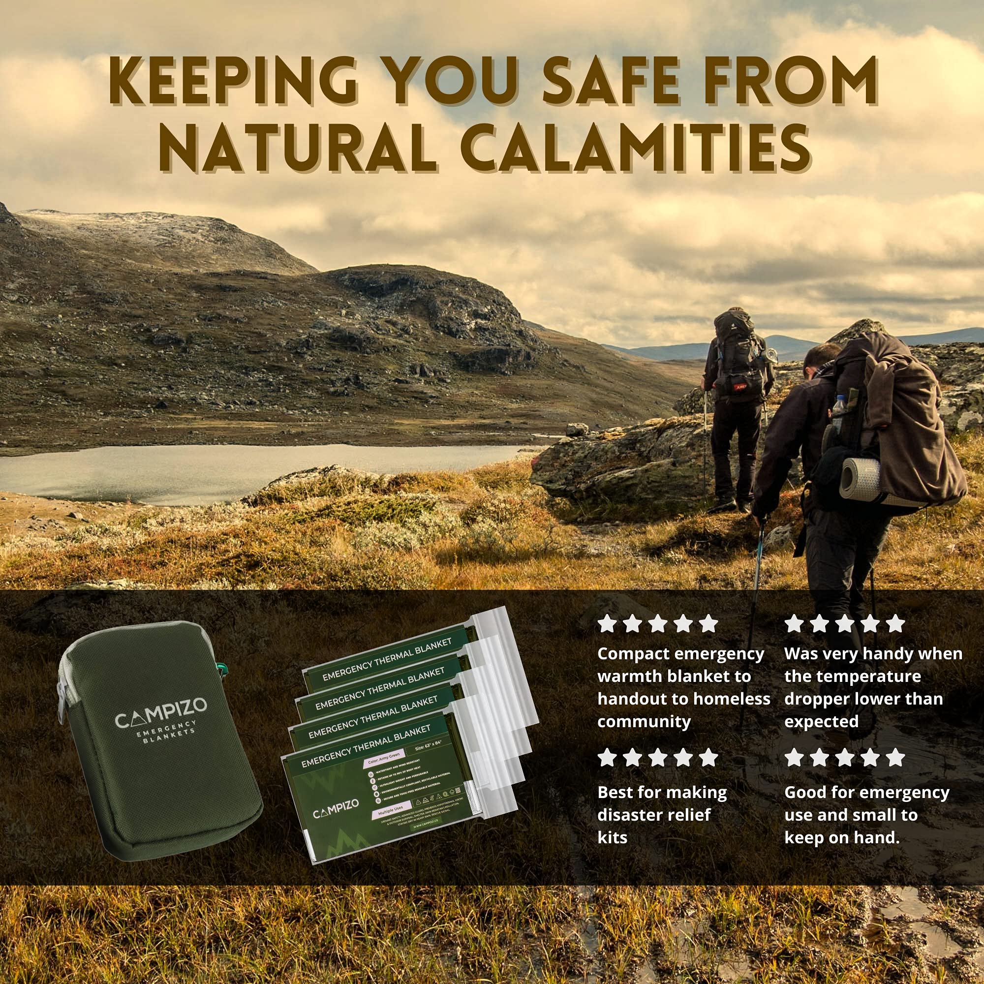CAMPIZO 4 Pack Emergency Blankets - Thermal Blanket, Space Blanket, Mylar Blanket, Survival Blanket, Foil Blanket, Designed by NASA, Extra Large and Wide for Camping, Hiking, Marathon, (Army Green)