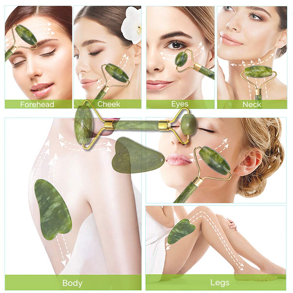 Dsenfurn Gua Sha Facial Tools Set and Jade Roller for Face, Jade Roller, 100% Real Natural Stone Beauty Jade Facial Roller Massage Tool for Face Eyes Neck Body – Anti Aging Beauty Treatment