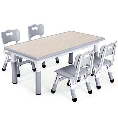 AuAg 47.2ββ Kid Table and 4/6 Chairs Set, Height Adjustable Toddler Study Table&Chair Set for Age 2-10, Multi-Activity Art Table W/Graffiti&Scrubtable Desktop, for Daycare, Classroom, Home