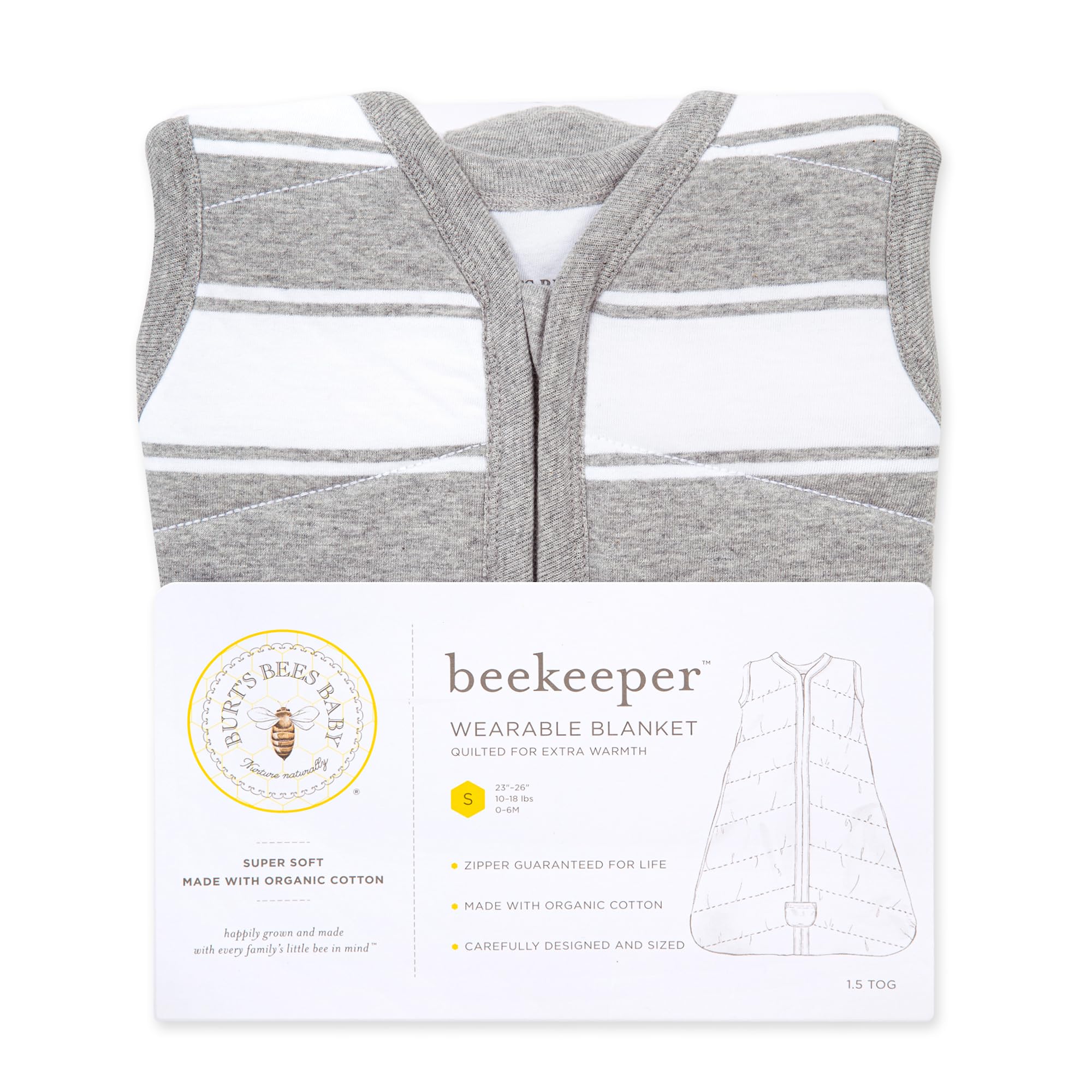 Burt's Bees Baby Baby Beekeeper Wearable Blanket, 100% Organic Cotton, Swaddle Transition Sleeping Bag, Quilted Grey Rugby, Medium