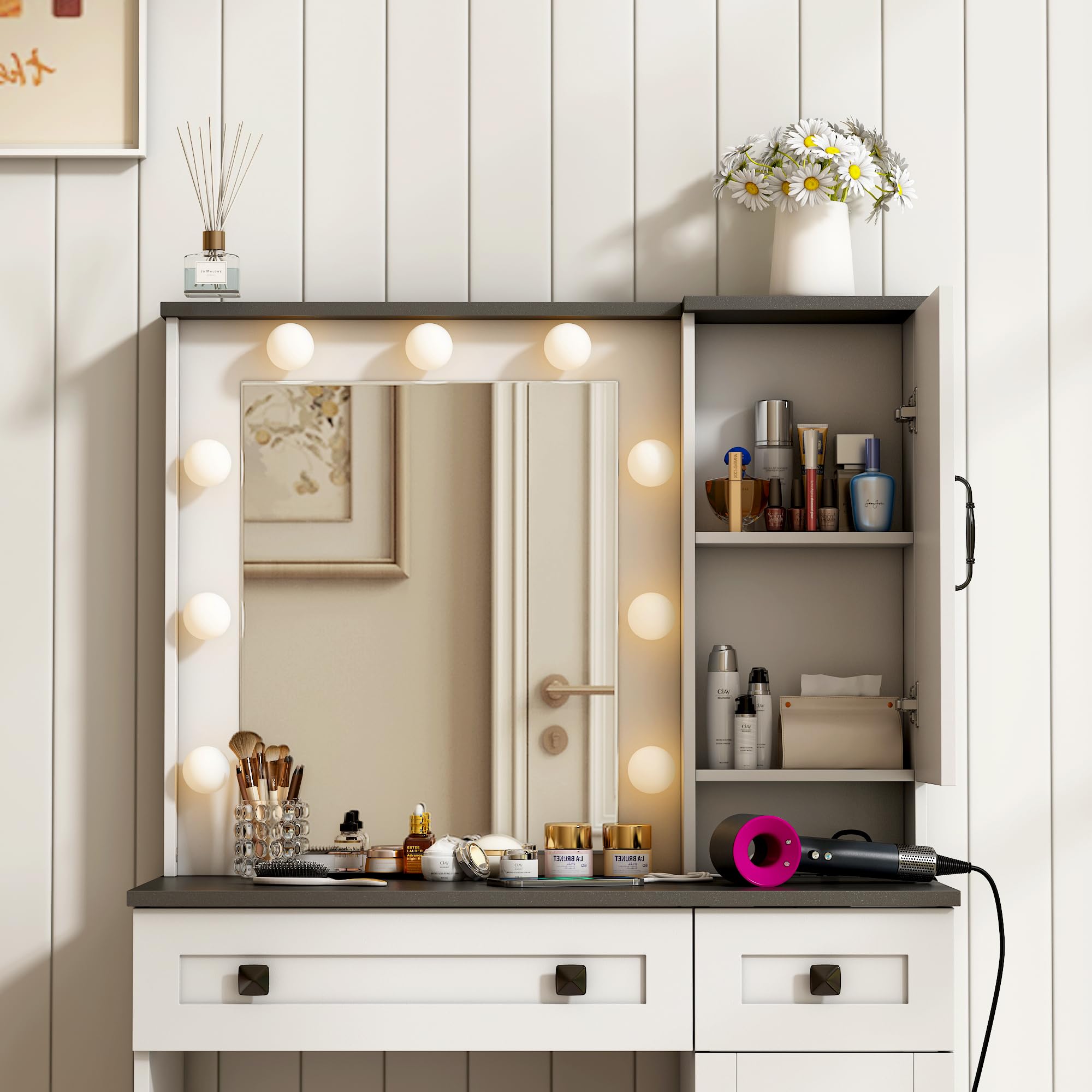 31.5" Makeup Vanity Desk with Mirror and Light, Farmhouse Vanity with 2 Drawer&Power Outlet, 3 Color Lighting Modes, Bedroom Vanity Desk for Girls, Women