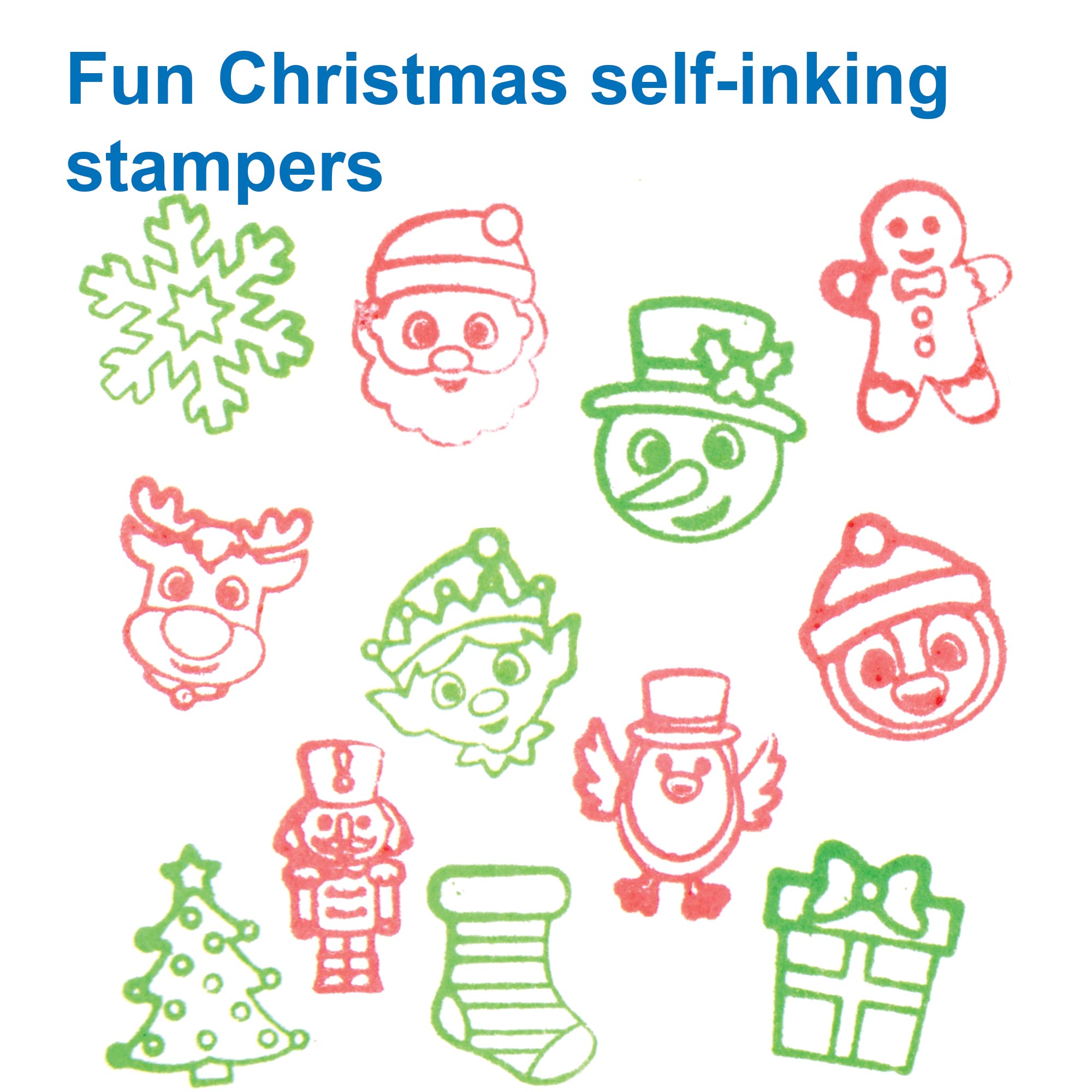 Baker Ross FC199 Christmas Self-Inking Stampers - Pack of 12, Ink Stamps, Stamp Set for Children, Ideal for Kids Arts and Crafts Projects