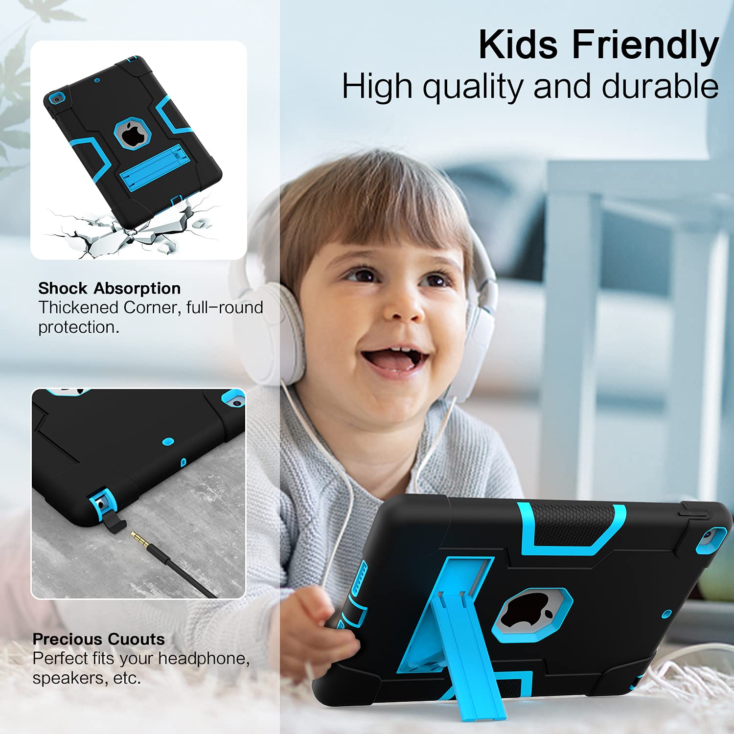 Cantis Case for ipad 9th Generation/ 8th Generation/ 7th Generation, Slim Heavy Duty Shockproof Rugged Protective Case with Built-in Stand for iPad 10.2 inch 2021/2020/2019, Black+Blue