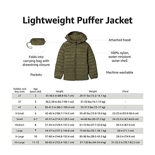 Amazon Essentials Boys' Lightweight Water-Resistant Packable Puffer Jacket, Grey, Large