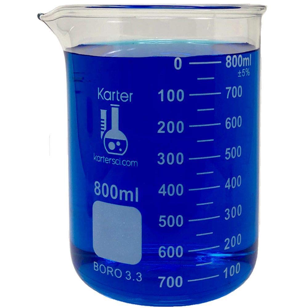 800ml Beaker, Low Form Griffin, Borosilicate 3.3 Glass, with Spout & Printed Graduations, Karter Scientific 232U2, (Pack of 6)