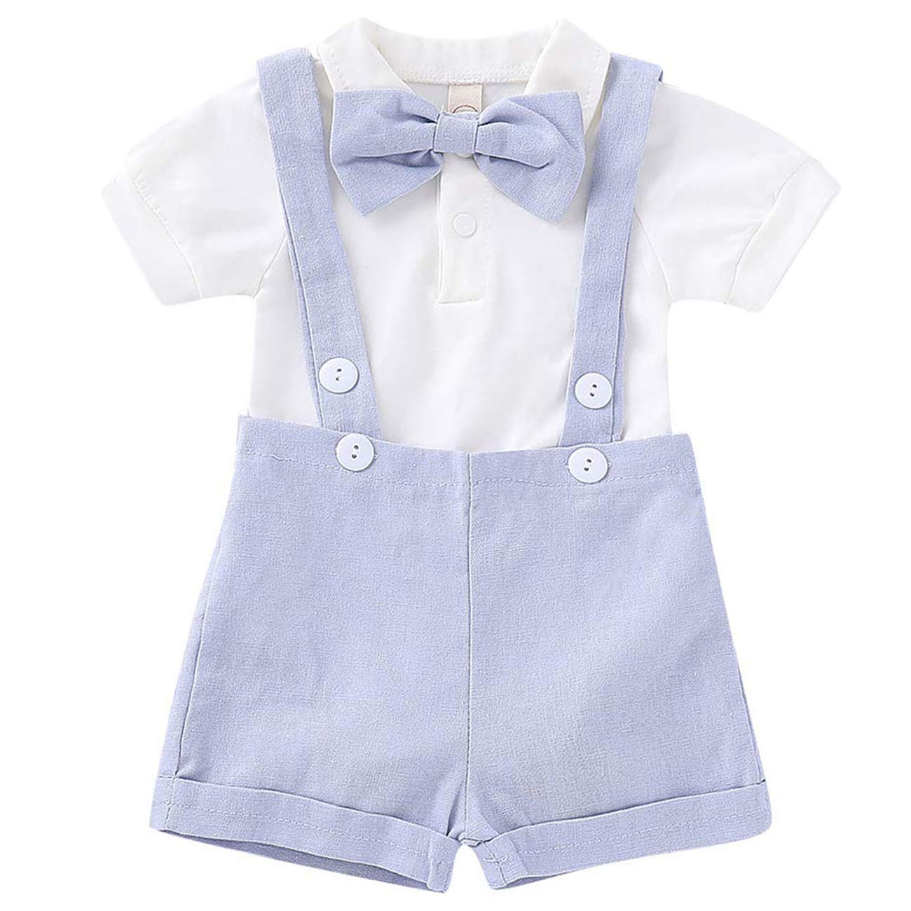 bilison Baby Boy Clothes Gentleman Bowtie Romper and Overalls Suspenders Pants Wedding Tuxedo Outfits(blue,0-6m)