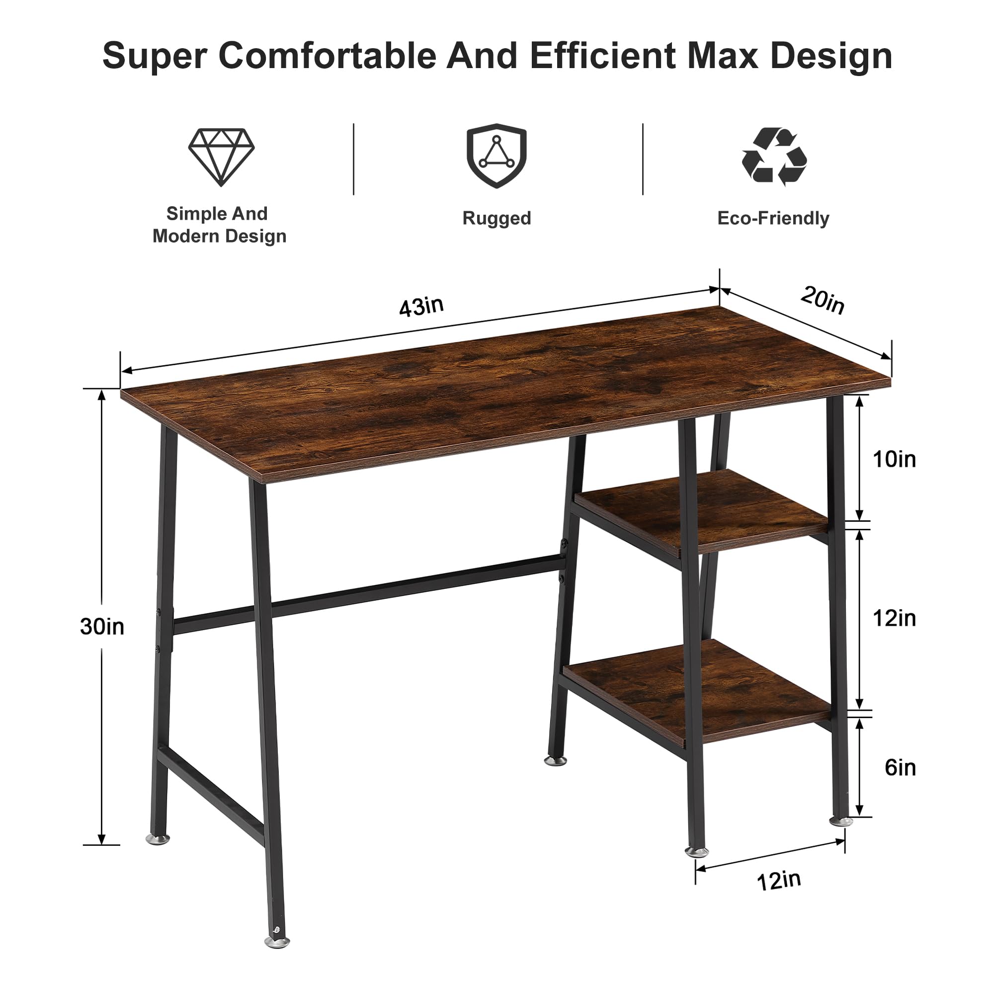 VECELO 43 Inch Computer Desk Writing Study Work Office Table Modern Desk with Shelves Wooden Desk for Home Bedroom,Walnut Desk