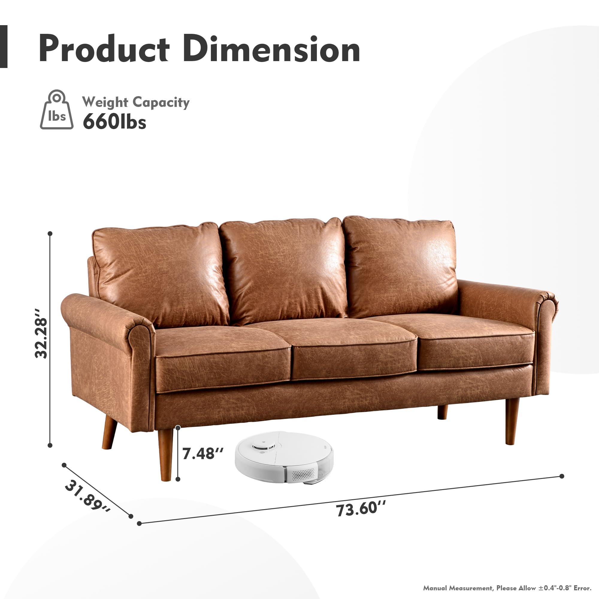 ALTRIGUS 3 Seater Couch with Luxury Faux Leather,Mid Century Modern Sofa with Comfortable Deep Seat,Comfy Upholstery Couches with for Small Space Living Room Bedroom (Brown)