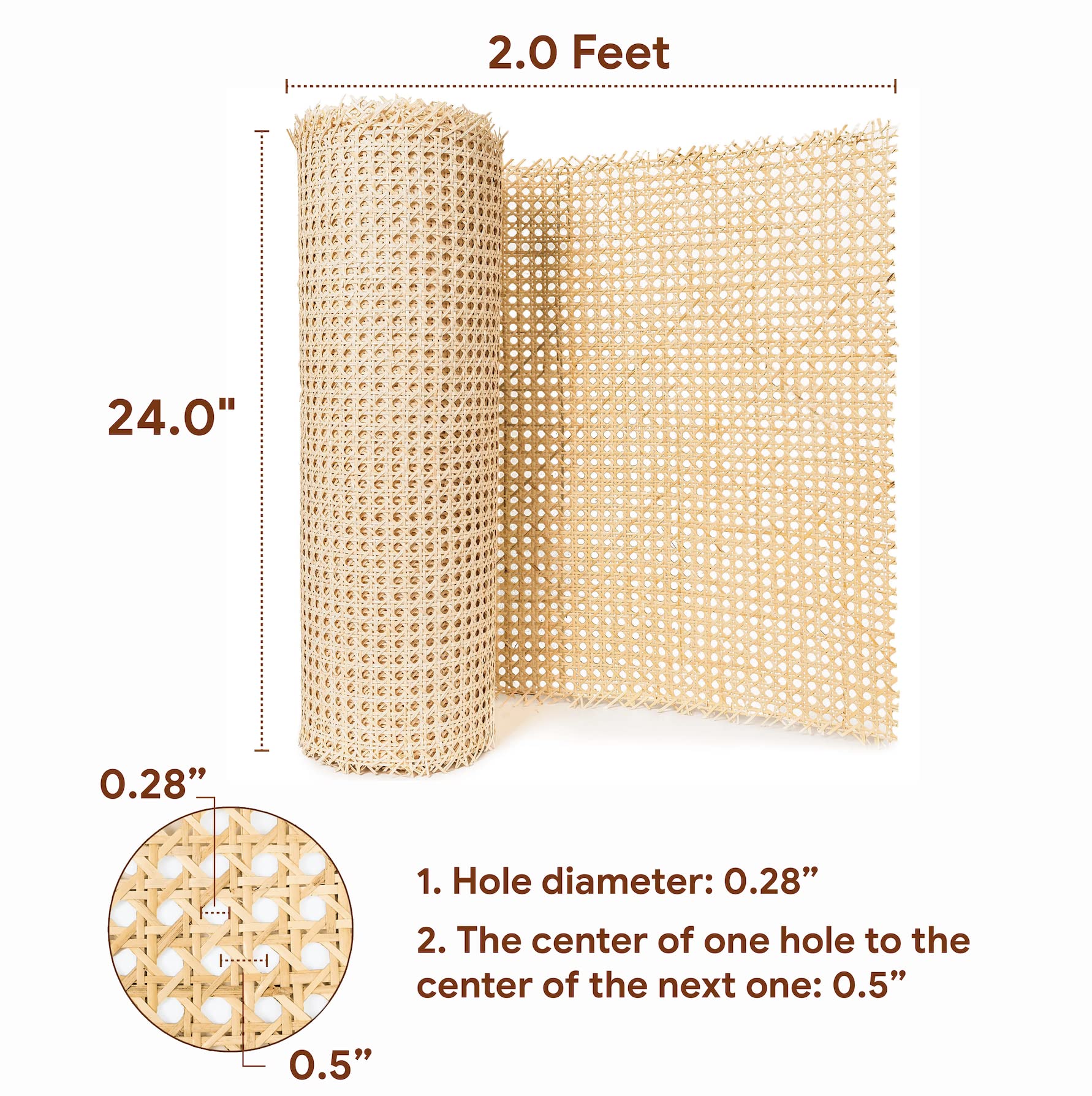 24" Width Rattan Cane Webbing Rattan Cane Webbing Roll 2 Feet Hexagon Weave Mesh 1/2 Inch Pre-Woven Cane Net Open Weave Wicker Cane Webbing Rattan Sheets Natural Material for Cabinet Chair (2 Feet)