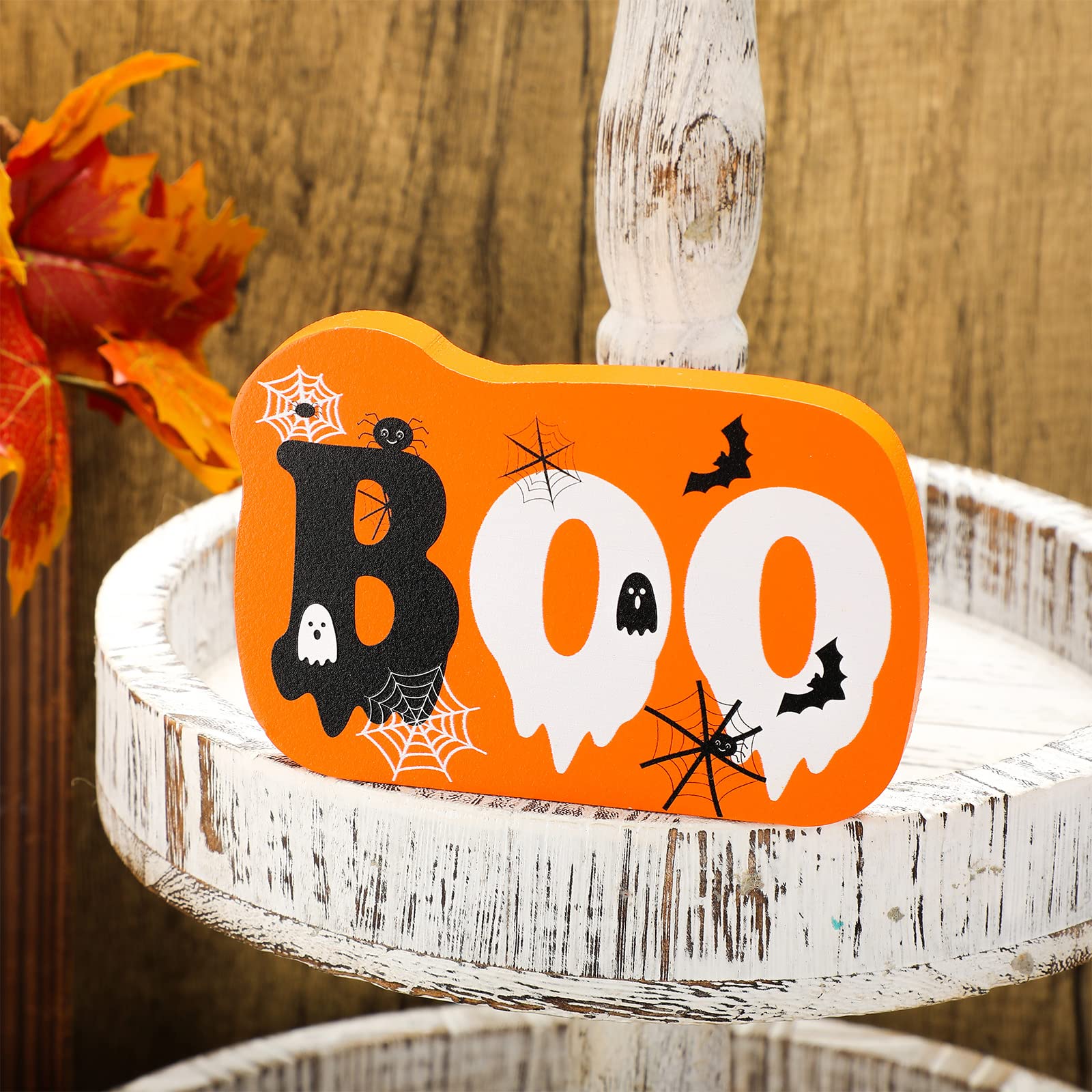 4 Pieces Halloween Decor Halloween Tiered Tray Decorations Tabletop Wooden Ghost Theme Table Centerpieces Cute Decor Boo Halloween Blocks Spooky Sign Trick or Treat Candy Sign for Home Shelf Party