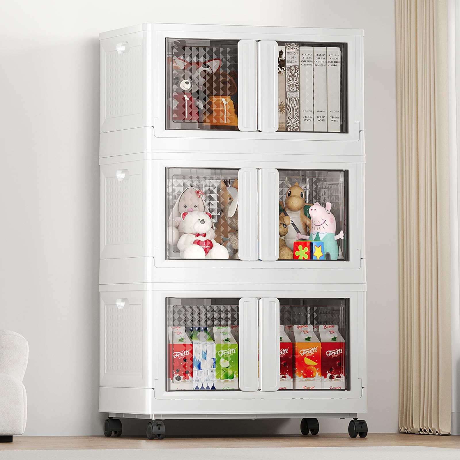 240 QT Storage Bins with Lids, Stackable Storage Bins with Wheels, Plastic Collapsible Storage Bins, Foldable Storage Cabinet Containers with Doors for Closet Dorm Garage Organizers, White