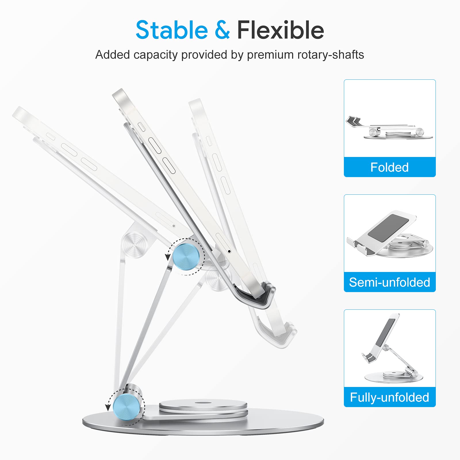 OMOTON Swivel Tablet Stand for iPad with 360 Rotating Base, Foldable Adjustable Holder for Drawing, Compatible with iPad Pro/Air/Mini and More, Silver