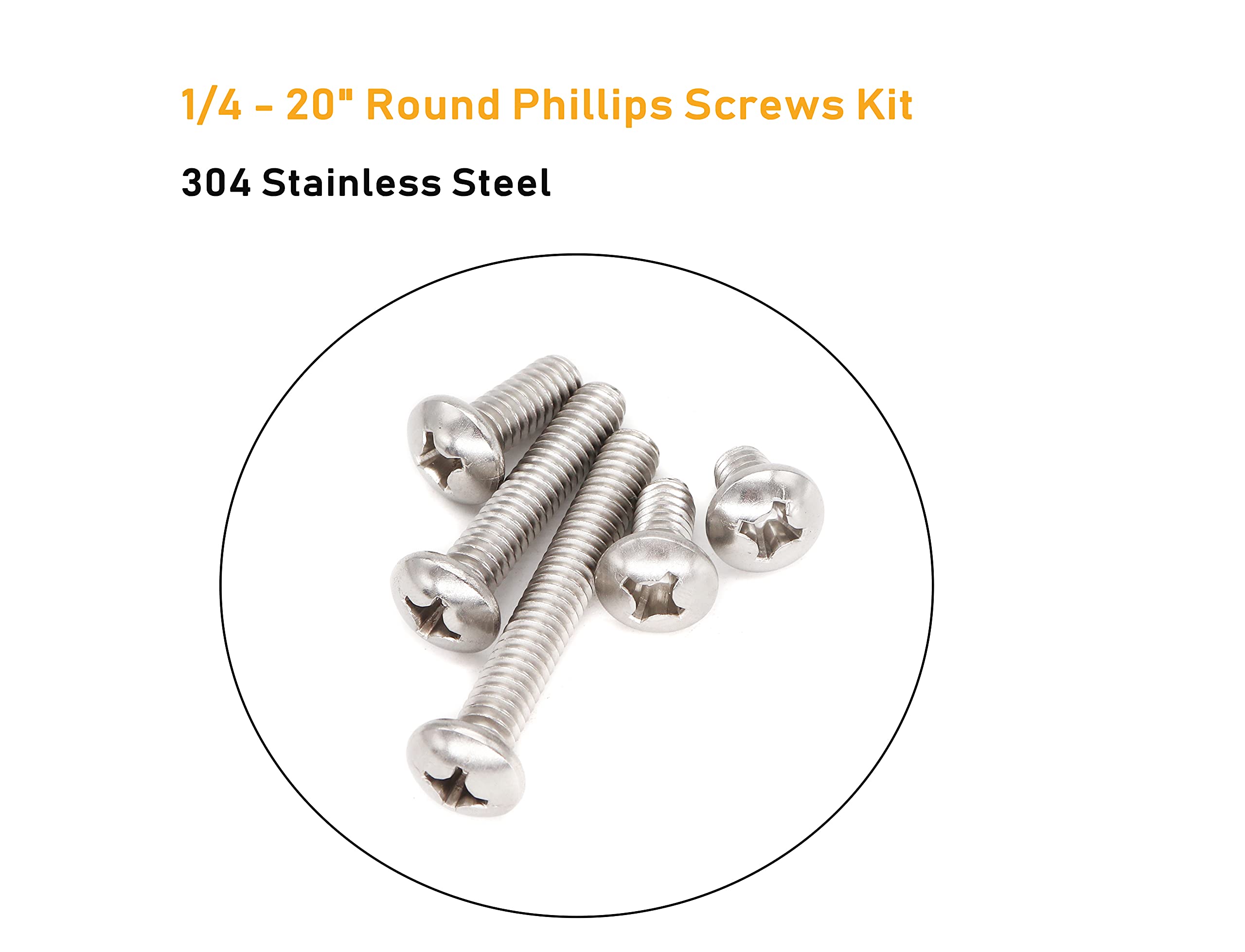 binifiMux 50pcs 1/4-20 Inch Round Head Phillips Machine Screws Assortment Kit, 304 Stainless Steel Silver Tone, 1/4 x 3/4,1,1-1/8,1-5/8,2 Inch