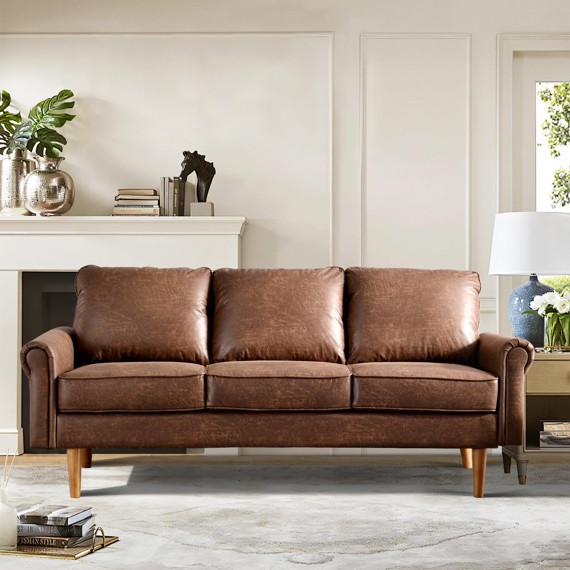 ALTRIGUS 3 Seater Couch with Luxury Faux Leather,Mid Century Modern Sofa with Comfortable Deep Seat,Comfy Upholstery Couches with for Small Space Living Room Bedroom (Dark Brown)