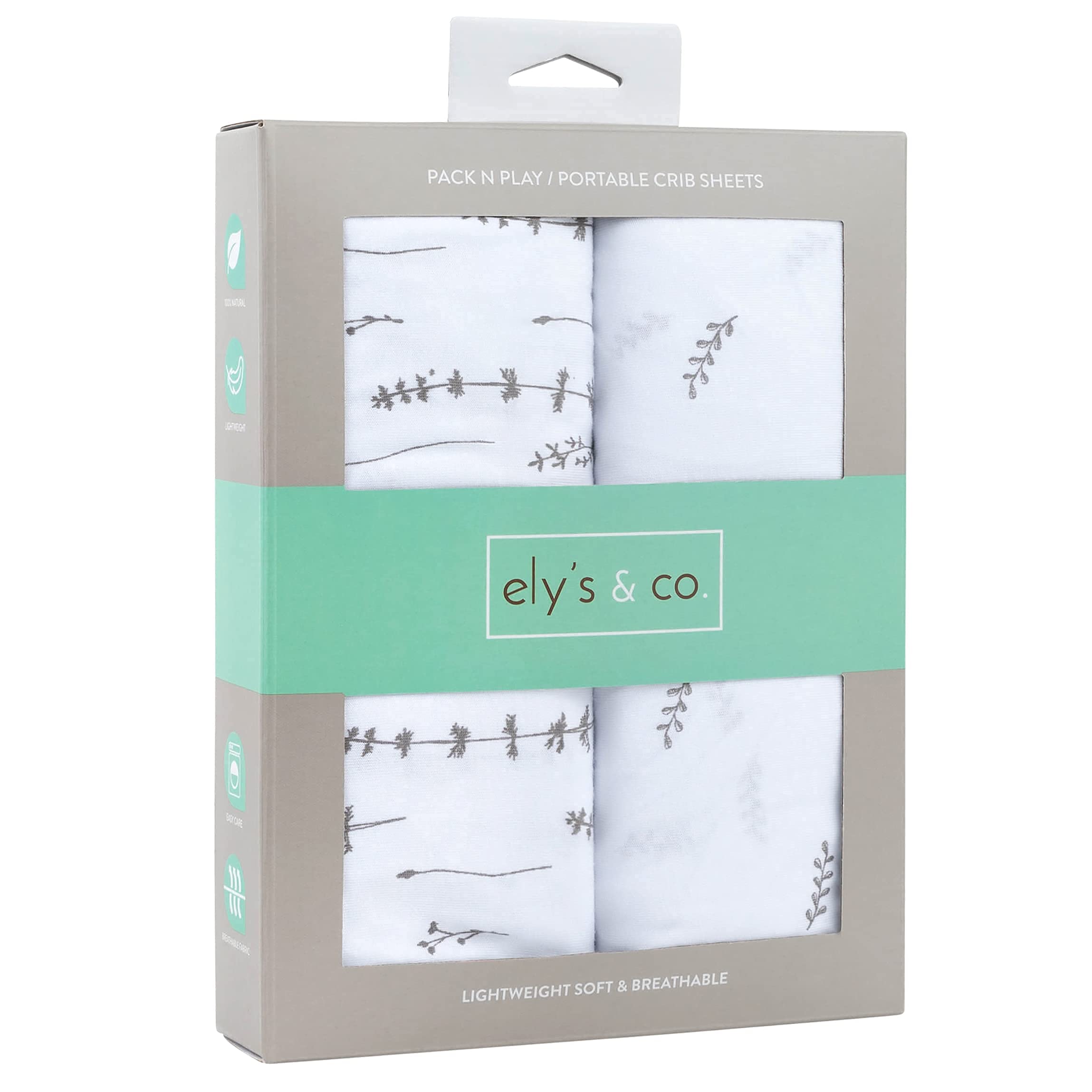 Pack and Play Sheets - 2 Pack Fitted with 100% Jersey Cotton - Pack N Play Mattress Sheets for Boys and Girls, Newborn Essentials (Neutral Forest Grey Floral and Leaves)