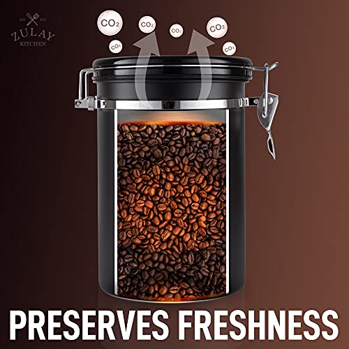 Zulay 21oz Coffee Canister For Ground Coffee - Stainless Steel Coffee Canisters With Scoop Holder & Date Tracker - Airtight Coffee Container & Coffee Storage For Coffee Jar, Tea, Sugar, Flour (Black)