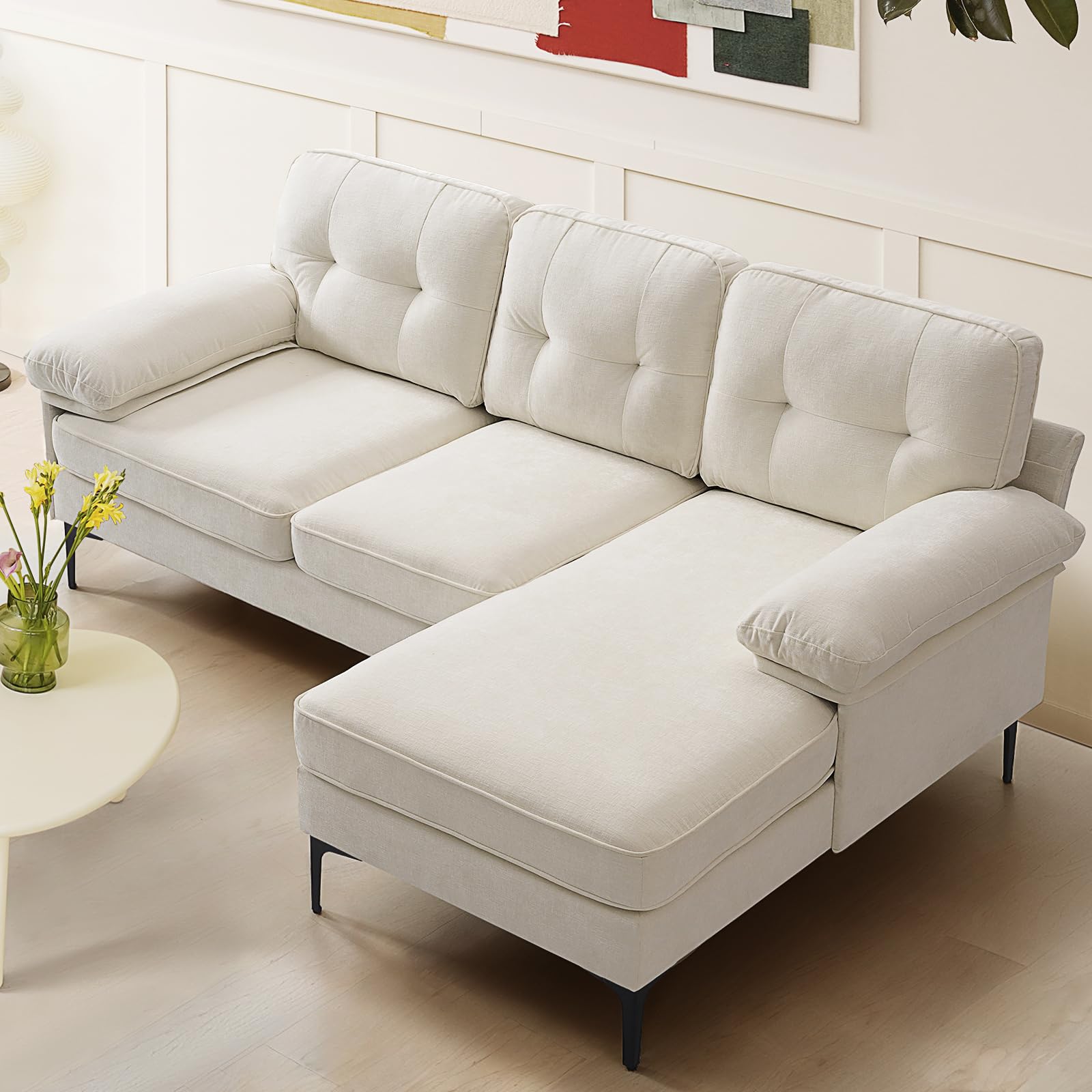 AJABEST 83" Chenille L-Shaped Modular Sofa,Convertible Sectional Upholstered 3 Seater Small Cloud Couch for Living Room with Reversible Chaise Lounge,White