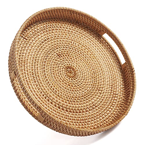 DECRAFTS Coffee Table Tray Round Rattan Ottoman Tray Woven Serving Trays with Handles for Home and Kitchen Decorative Natural (Large 14 inch x 2.8 inch)