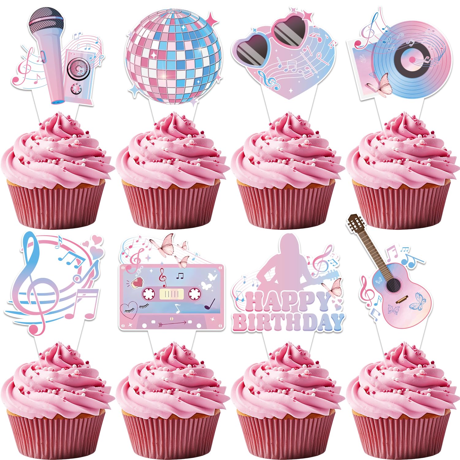24 Pcs Popular Happy Birthday Era's Party Decorations Cupcake Toppers, Super Star Birthday Party Cake Decorations for Fans Celebration Party, Guitar Themed Party Supplies for Girls Night