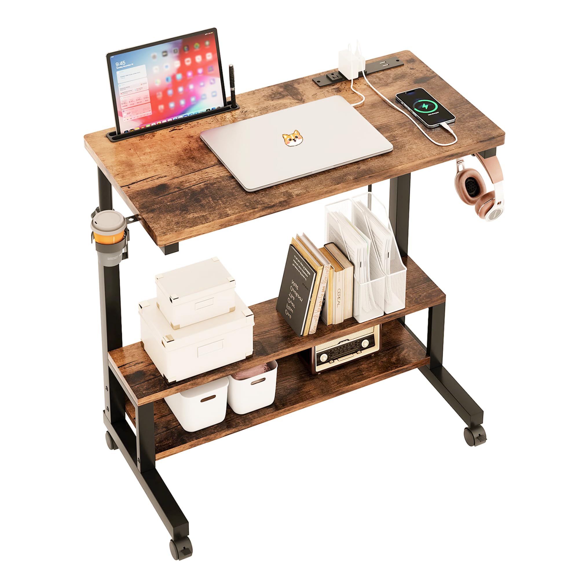 32 Inch Standing Desk with Power Outlets, Manual Stand Up Desk with Wheels, Small Mobile Rolling Computer Desk Laptop Table with Adjustable Height for Home Office, Black