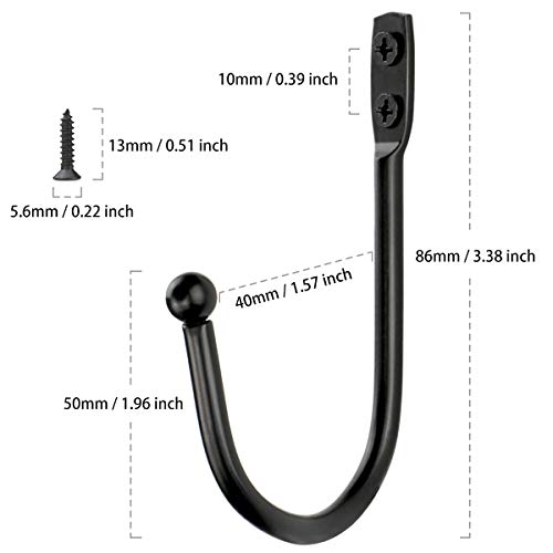 iLoft Black Single Hooks Wall Mount Small Wrought Iron Hook Utility Decorative Towels Hat Coat Keys Hanger for The Entryway, Bathroom, Bedroom, Kitchen, Mudroom Metal J Hook, 16pcs with 32 Screws, 3.4