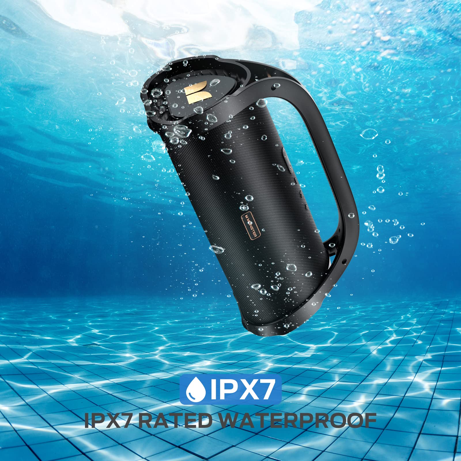 Monster Adventurer Max Bluetooth Speakers, IPX7 Waterproof Outdoor Bluetooth Speakers, Active Extra Bass, Fast Charging, with Microphone, Suitable for Beach, Parties, Gym, Black
