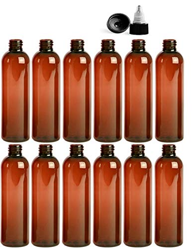 Premium Essential Oil 8 Ounce Cosmo Round Bottles, PET Plastic Empty Fillable BPA-Free, with Black/Natural Twist Caps (Pack of 12) (Amber)